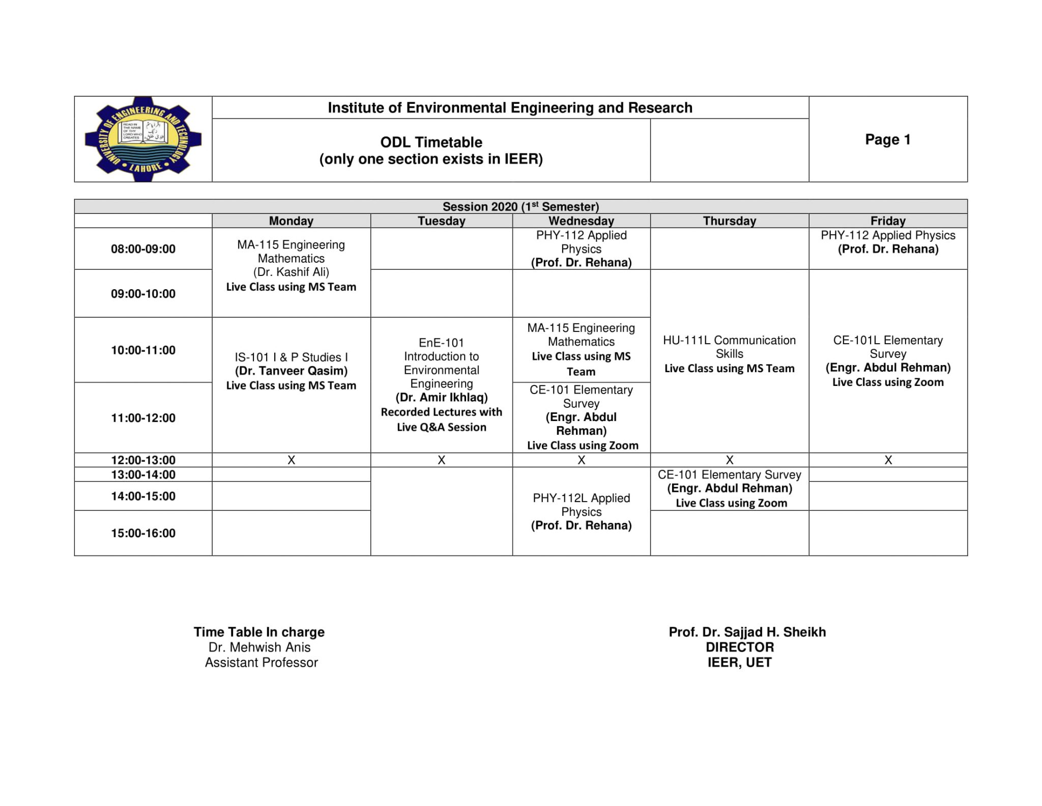 ODL Classes Undergraduate Schedule – Institute of Environmental ...