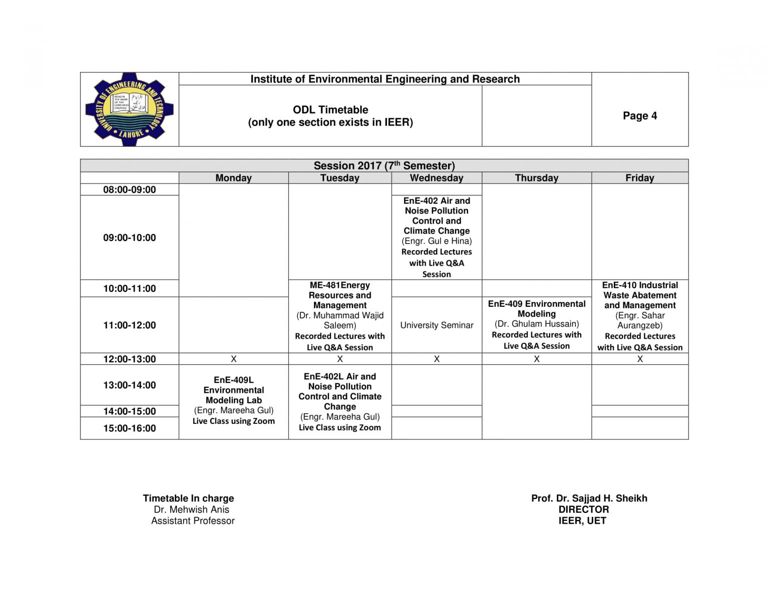 ODL Classes Undergraduate Schedule – Institute of Environmental ...