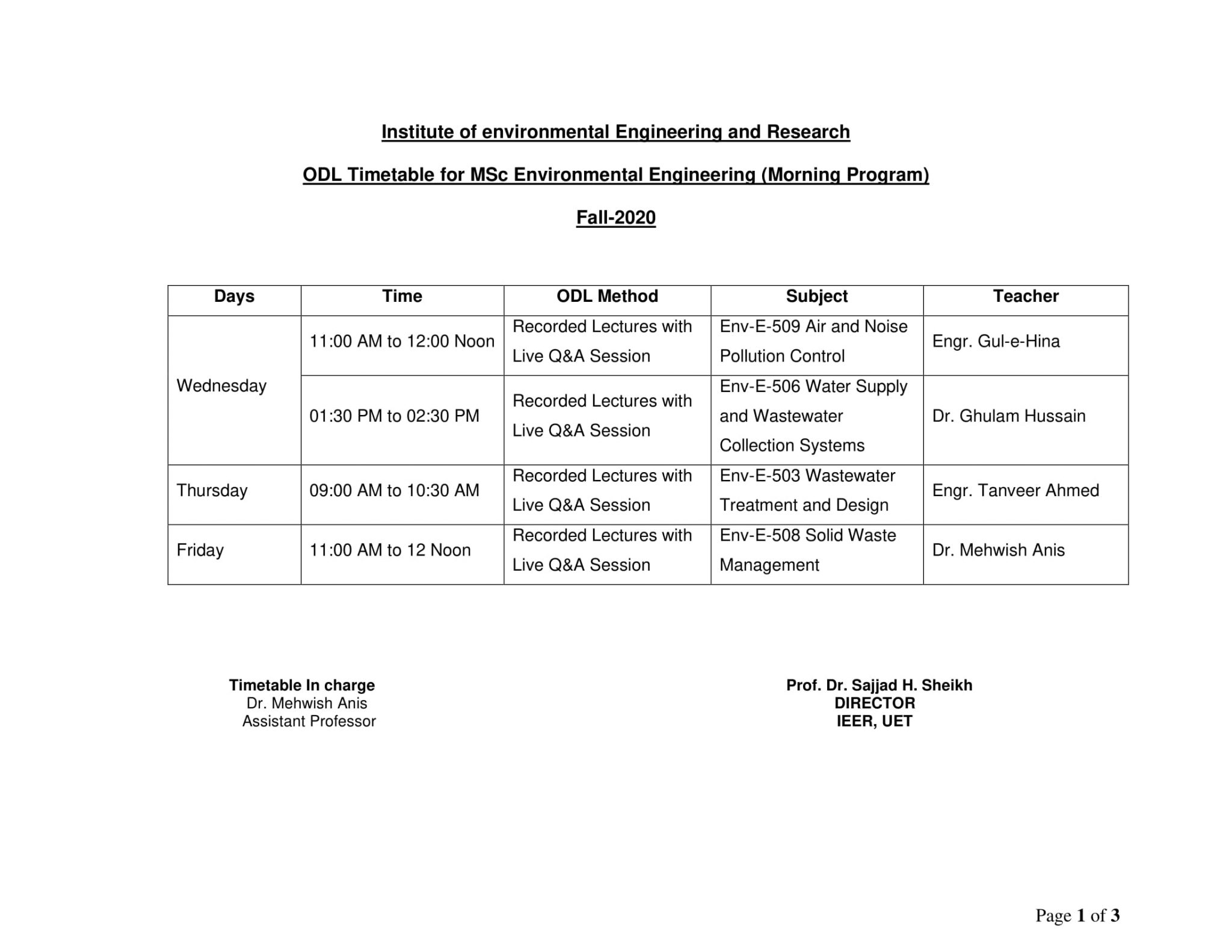 ODL Classes Postgraduate Schedule – Institute of Environmental ...
