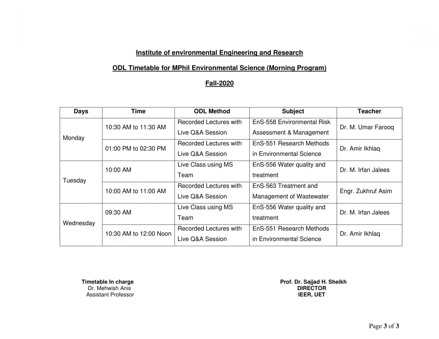 ODL Classes Postgraduate Schedule – Institute of Environmental ...
